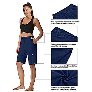 ChinFun Women's Yoga Bermuda Shorts Athletic Lounge Cotton Sweat Shorts 10" Long Shorts Workout Running Shorts Navy L