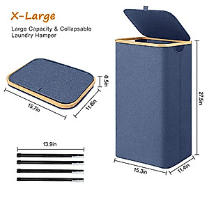 BRIAN & DANY Laundry Basket with Lid, Large Collapsible Laundry Baskets with Bamboo Handles, Laundry Hamper with Removable Bag Liner for Bathroom and Bedroom - Blue