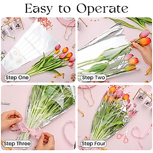 NUOMI 100 Pcs Flower Bouquet Bag Plastic Wrapping Bags with Lace Decor Disposable Cellophane Floral Bouquet Sleeve for Wedding, Mother's Day, Birthday, Holiday, Valentine, 19 Inch