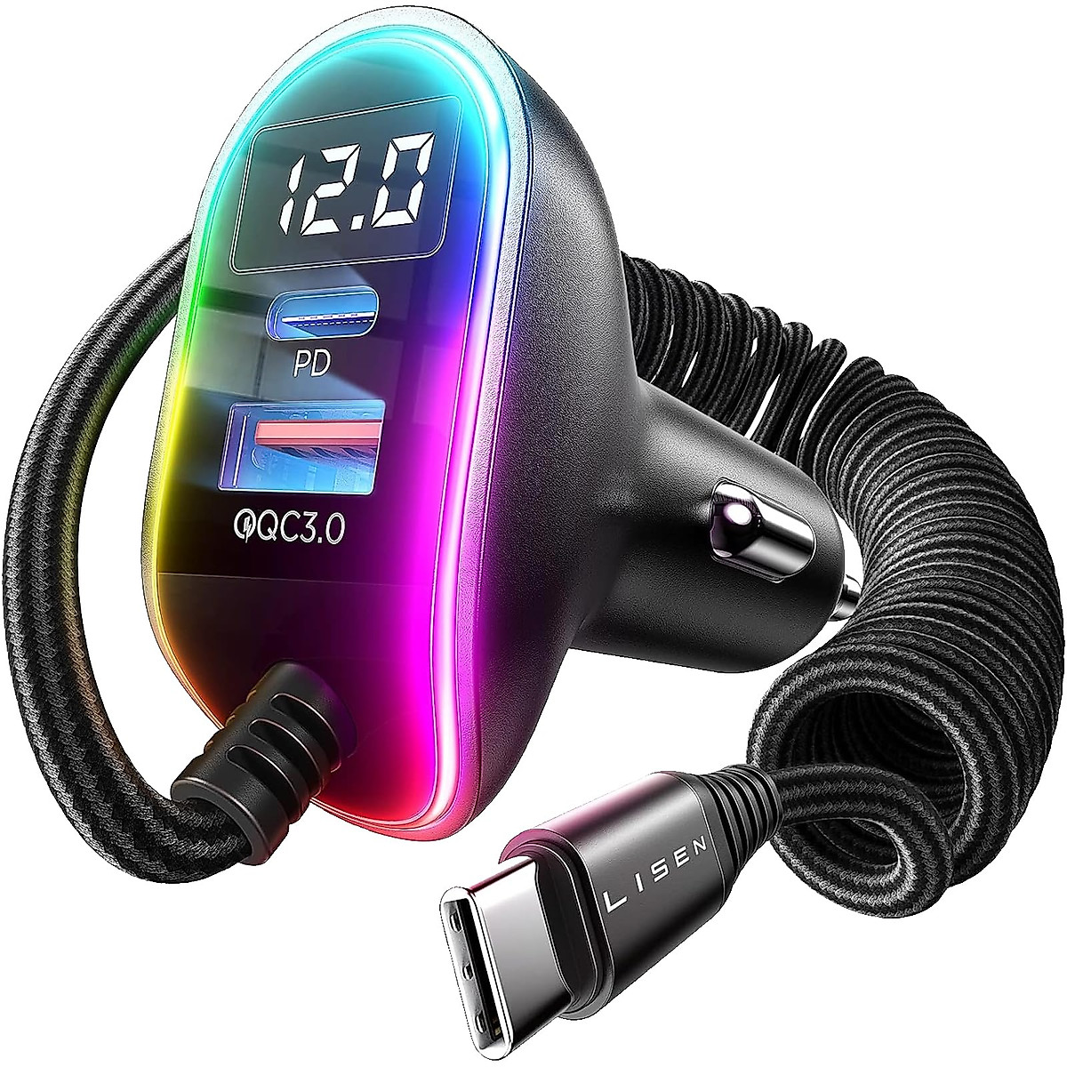 LISEN USB C 96W Super Fast Car Charger PD& QC3.0 with 5.3ft 36W Type C Coiled Cable,Car Phone Charger Adapter for iPhone 15 Pro Max Plus, Samsung Galaxy S24/S23/S22,Android, iPad Pro