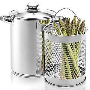 AVLA Asparagus Pot, 4 Quart Stainless Steel Steamer Cooker, Vegetable Asparagus Cooker with Removable Basket and Lid for Pasta, Spaghetti, Boiled Eggs, Shrimp, Oil Deep Fry Pan for French Fries