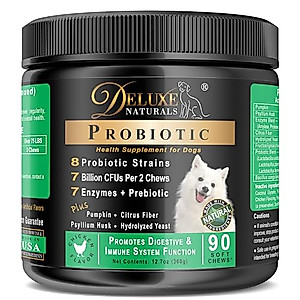 Deluxe Naturals Probiotics for Dogs | All-Natural Dog Probiotic Supplement with Enzymes, Prebiotics, Pumpkin | Promote Digestive Health, Improve Allergy & Immunity, 90 Count (Pack of 1)