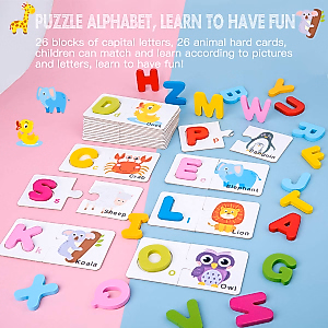 Sight Words Spelling and Learning Alphabet Puzzle Matching Game Wooden Letters Animal Flash Cards Shape Puzzles Montessori Matching Puzzle Preschool Educational Toys for Toddlers Boys Girls Age 3+