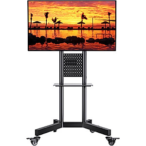 Mobile TV Cart with Wheels for 32-85 Inch Flat Curved Screen TVs- UL Certificated Height Adjustable Rolling TV Stand Hold Up to 132 lbs- Trolley Floor Stand with Tray Max VESA 600x400mm PSTVMC01