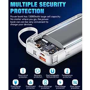 Portable-Charger-Power-Bank - 15000mAh PD 30W Power Bank, Built in Type-C(30W) and iOS(20W) Output Cables LED Display for iPhone and Android Phones and Most Electronic Devices(White)
