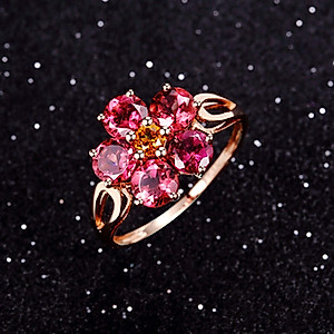 KnBoB Women Flowers Round Shape 2ct Tourmaline Ring 18K Rose Gold Promise Wedding Engagement Bridal Anniversary Ring Size 6.5