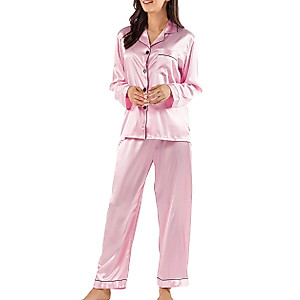 Ladieshow Silk Pjs for Women Set,Long Sleeve Button Down Sleepwear Pjs Set Loungewear Pink