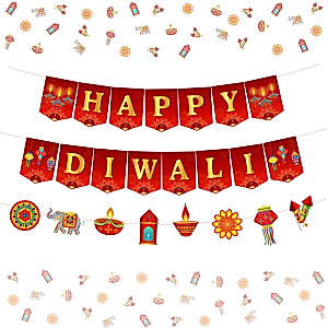 Happy Diwali Bunting Banner, Diwali Garland Decorations for Indian Festival of Lights Deepavali Themed Party Supplies