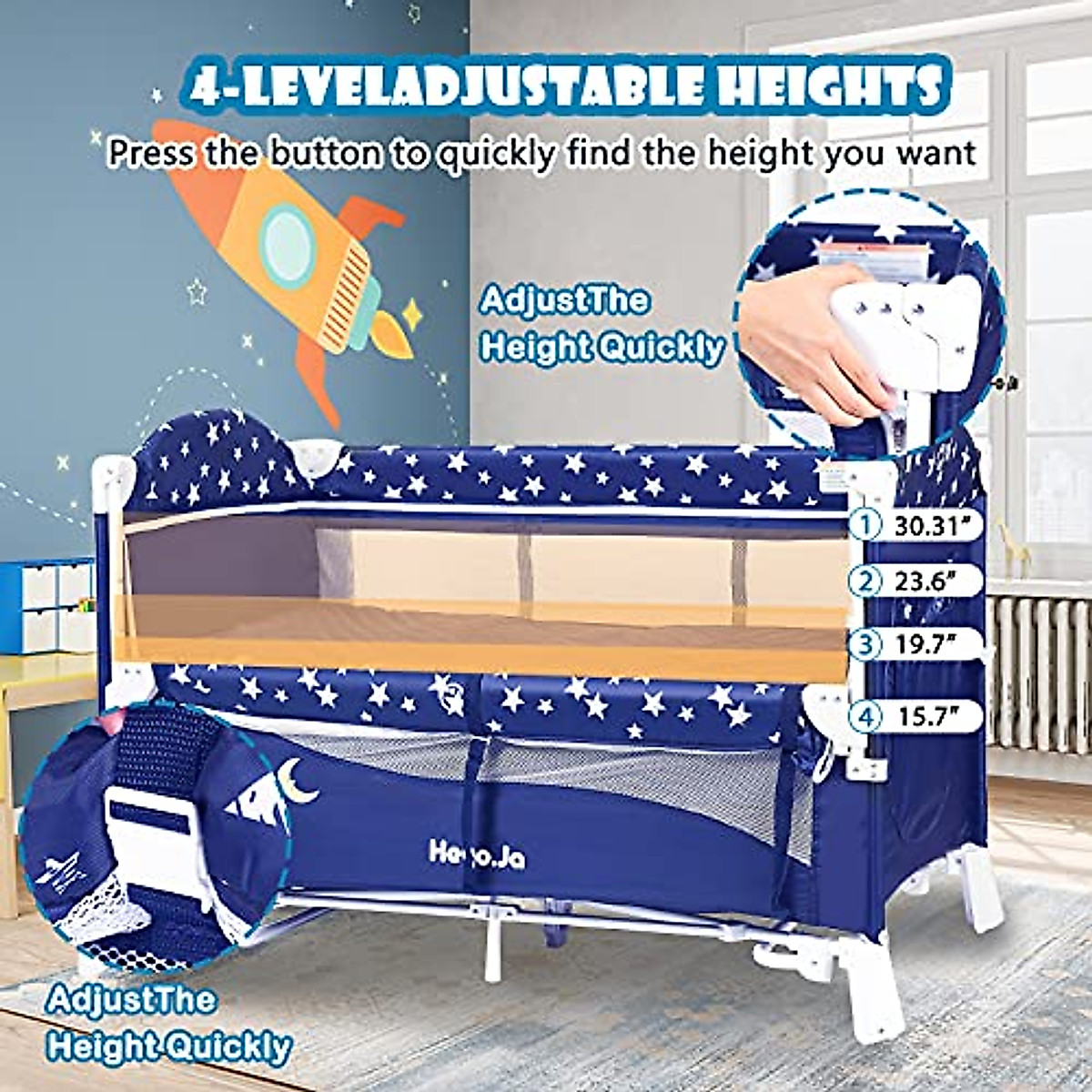 Heyo.Ja Double Layer Baby Playard, 5 Height Adjustable Crib,Changing Diaper Rack,Foldable Bassinet Bed with Luxury Mosquito Net,Starry Sky Fence,Two Toys Bag,Wheels & Brake, Carry Bag (Navy)