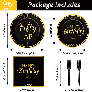 50th Birthday Black Gold Party Paper Plates and Napkins Supplies Disposable Fifty AF 50 Years Party Decorations for Him Her Serve 24 Guests
