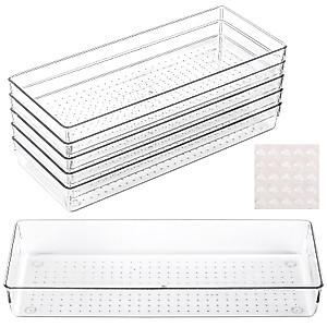 6 Pcs Large Clear Plastic Drawer Organizers Tray 15" x 6.3" Storage Bins with 25 Pcs Non-Slip Pads for Makeup, Jewelries, Kitchen Utensils, Bathroom and Office