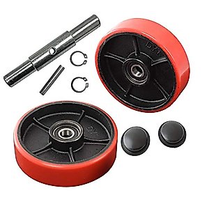 Pallet Jack/Truck Steering Wheels Set with Axle and Protective Caps (4 pcs) 7" x 2" with Bearings ID 20mm Poly Tread Red