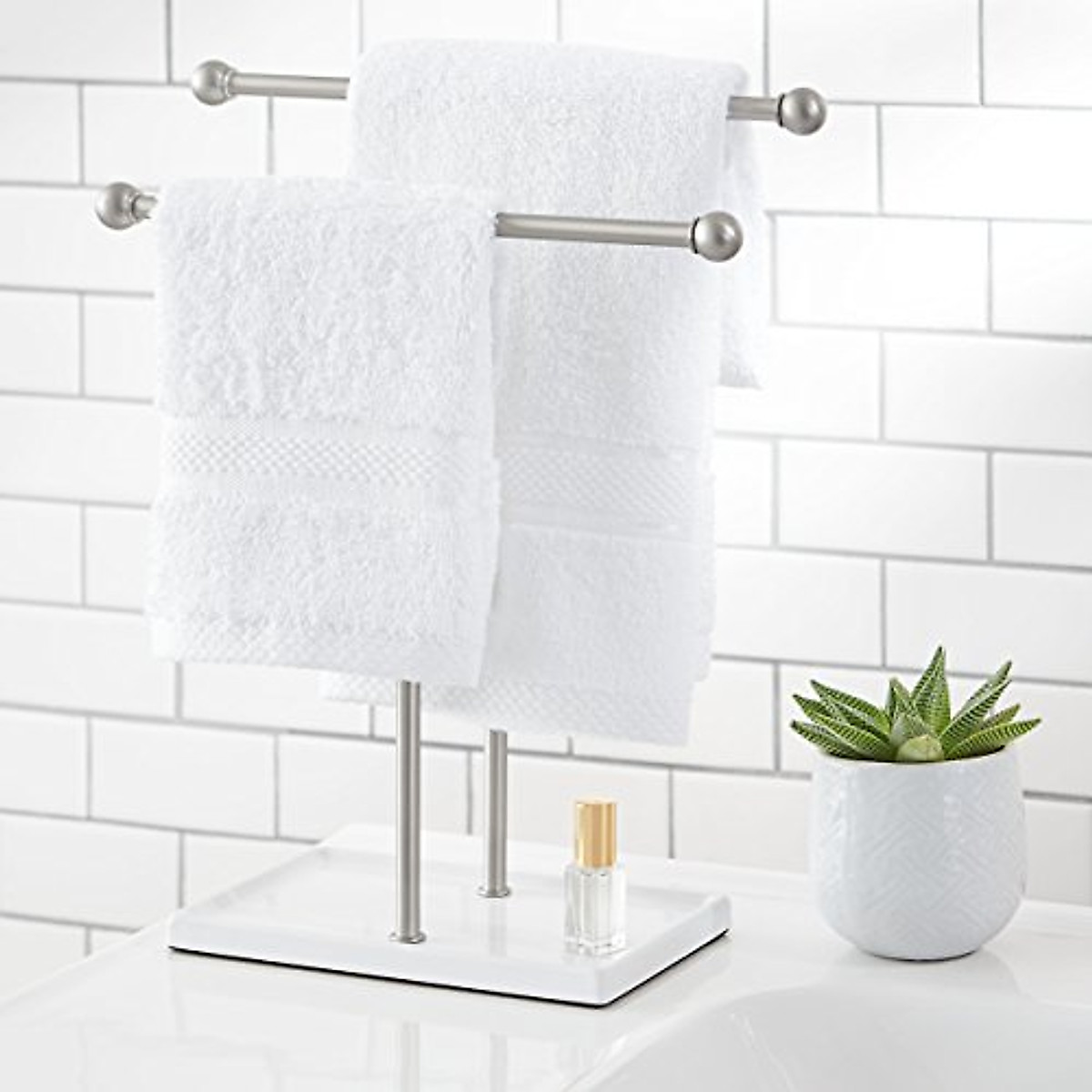 Amazon Basics Double-T Hand Towel and Accessories Stand, Nickel/White