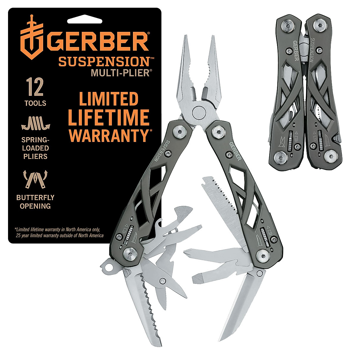 Gerber Gear Suspension 12-in-1 Needle Nose Pliers Multi-tool - Multi-Plier, Wire Cutter, Crosspoint and Flathead Screwdriver Set, Small Scissors - EDC Gear and Equipment - Gifts for Men - Gray