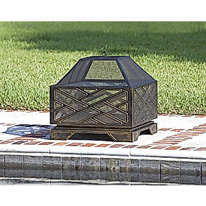 Fire Sense 62239 Fire Pit Catalano Wood Burning Lightweight Portable Outdoor Firepit Backyard Fireplace for Camping Bonfire Included Screen Lift Tool & Cooking Grate - Square - Antique Bronze Finish