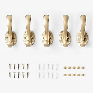 JYL HOME Wall Mounted Coat Hooks for Hanging Towel Rack Hat Rack Clothes Organization Vintage Hooks Gold, 5 Pack