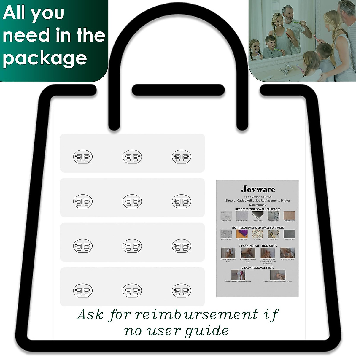 Jovware Shower Adhesive Strips Wall Mount Caddy Replacement Stickers Sticker Shelf Basket Suction Hooks Large Strong Hook for Bathroom Storage Transparent Shelves Sticky 4 Pack