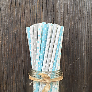 Polka Dot Paper Straws - Light Blue Silver White - 7.75 Inches - 100 Pack - Outside the Box Papers Brand