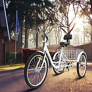 Fung-hwang Adult Tricycle 7 Speed Three Wheel Tricycle for Adults, 24 inch Womens Beach Cruiser Bike with Large Basket Adult Trikes for Men and Women