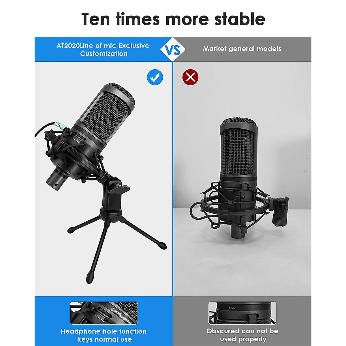 Etour AT2020 Microphone Shock Mount with Pop Filter, [Custom Built for AT2020 Mic] Anti-Vibration Suspension Shock Mount Holder Clip Compatible with audio technica at2020 line Kit