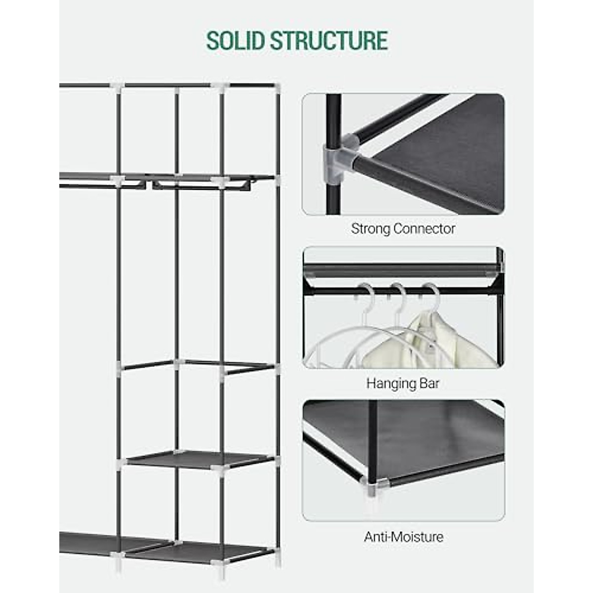 Hzuaneri 67 Inch Closet Wardrobe, Clothes Storage Organizer for Hanging Clothes with Cover, 4 Hanging rods, 9 Storage Shelves, Portable Closet for Bedroom 67 x 16.5 x 66, Pure Grey