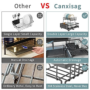Canxisag Dish Drying Rack, 2-Tier Dish Rack 304 Stainless Steel Extra Large Dishs Rack for Ktchen Counter with Utensil Holder Dish Drainer (Black)