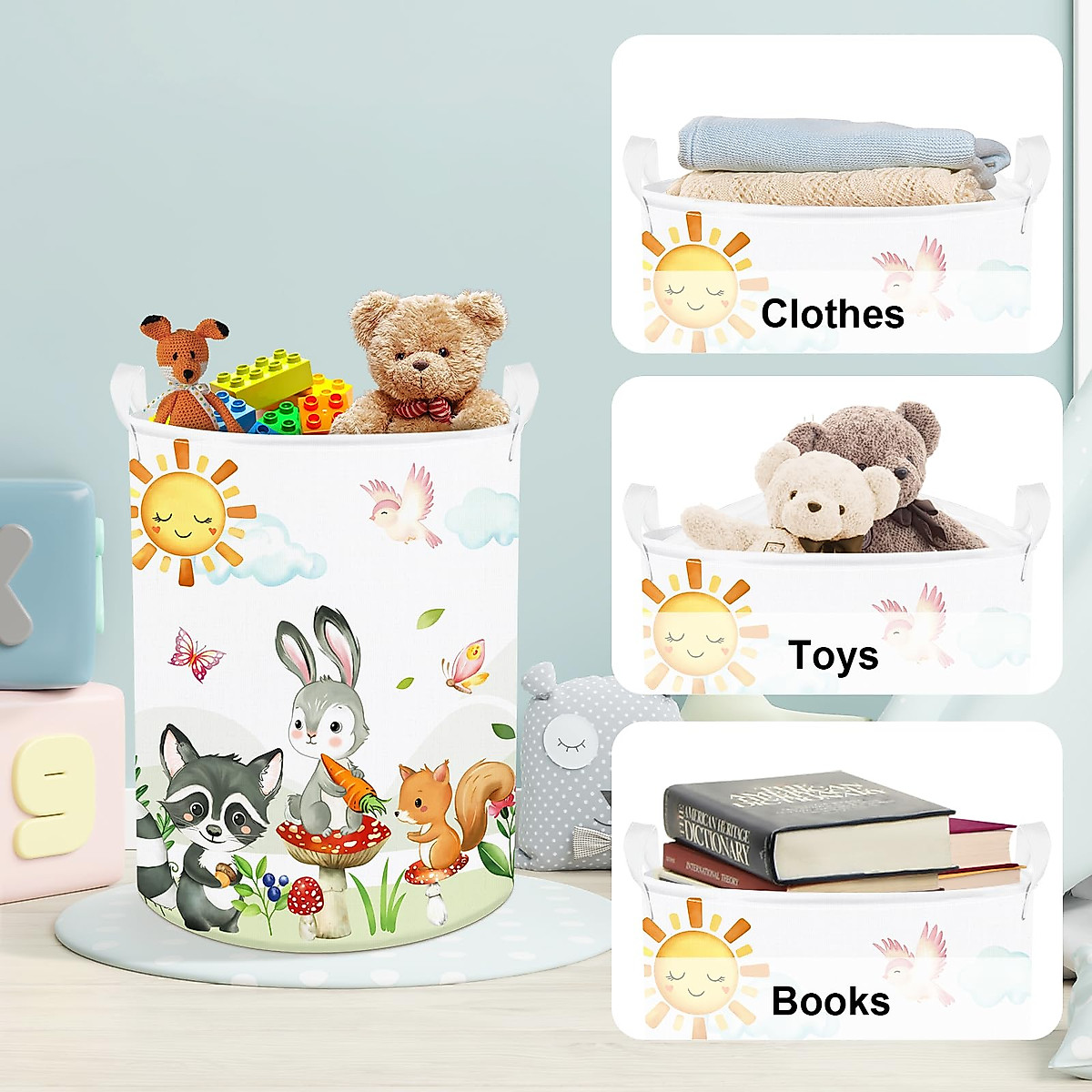 Clastyle 45L Large Forest Animal Kid Laundry Hamper with Handle for Boy Girl Collapsible White Fox Clothes Toy Storage Basket with Lid for Nursery