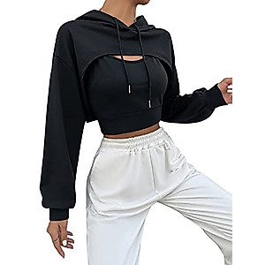 SweatyRocks Women's 2 Piece Outfits Long Sleeve Pullover Crop Top Sweatshirts Hoodie And Cami Tank Top Set Black M