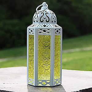 Vela Lanterns White Moroccan Lamp Lantern Decorative Candle Holder for Indoor Outdoor Weddings, Home Decor, Patio, Weddings, Yellow Glass, Medium