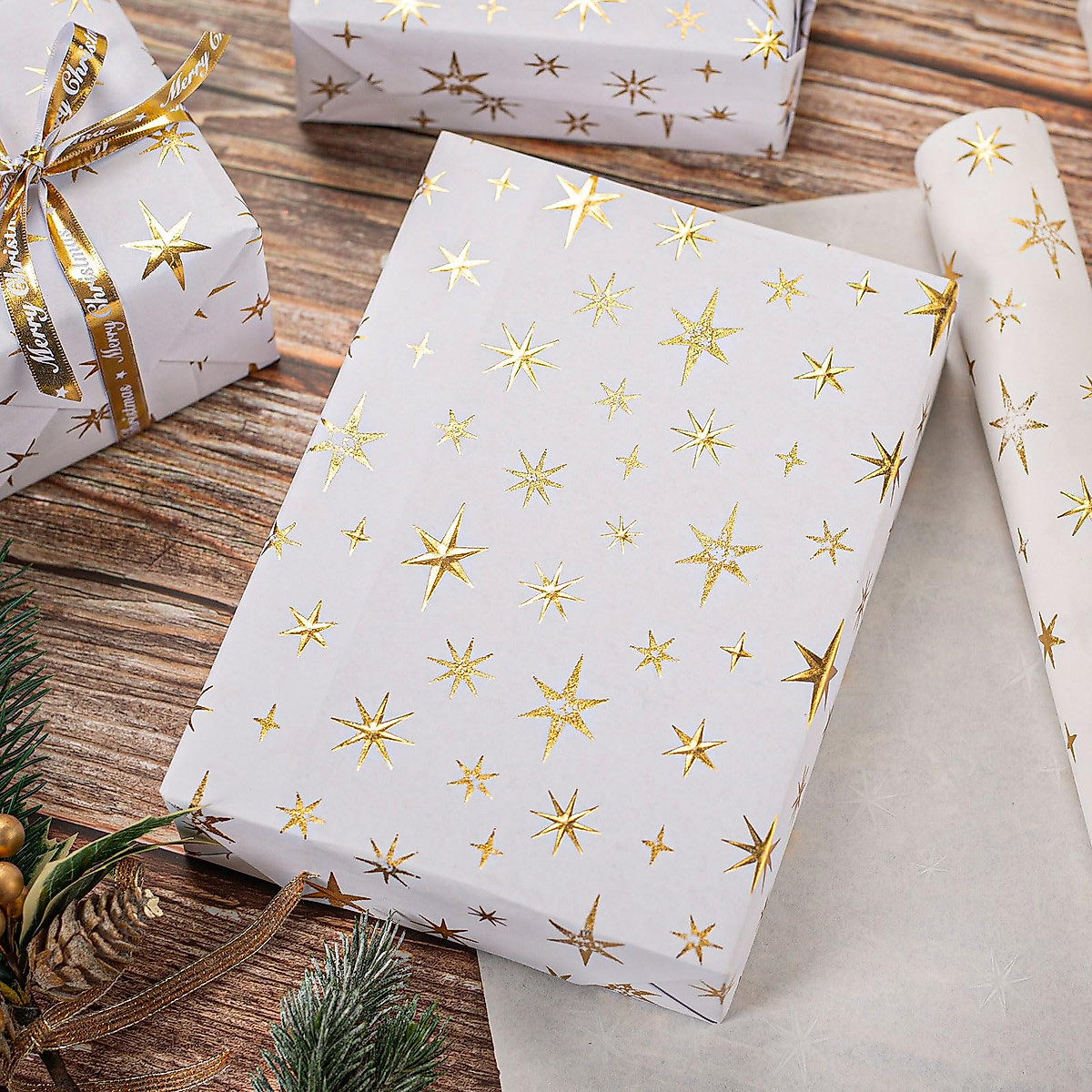 Flyhill White Wrapping Paper-17inch*197inch（ 23.4sq.ft.ttl Per Roll - White Gold 3D Embossed Foil Star Pattern for Christmas,Birthday, Party,Wedding,Bridal Shower Shower,Thanksgiving