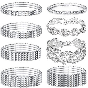 SONNYX 8 PCS Rhinestone Bracelets Stretch for Women Bridal Sparkly Wedding Strand Tennis Bracelet Bling Bikini Crystal Bracelet Silver-Stone Wedding Jewelry Bracelet Set