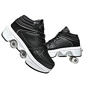 KOFUBOKE LED Deformation Roller Skate Shoes Double-Row Walking Shoes with Invisible Wheels 2 in 1 Removable Pulley Parkour Skating (Black, 3.5)