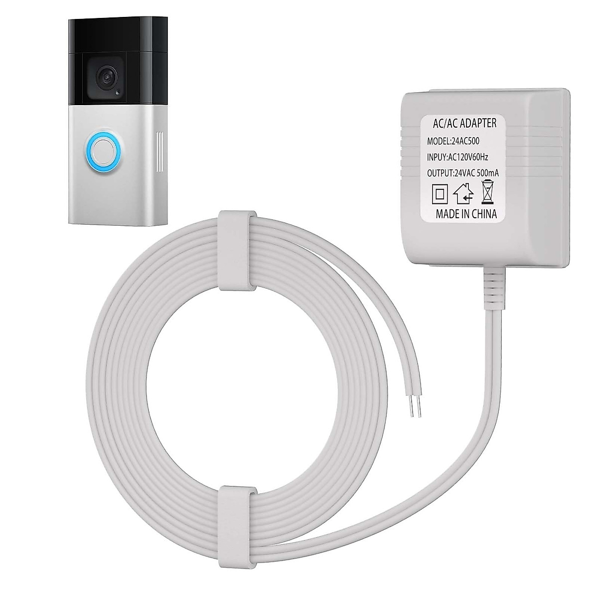 24V Doorbell Power Adapter for Video Doorbells & Thermostats Compatibility with Ring, Nest Hello, Wyze, Eufy, Ecobee, Sensi, Honeywell, and More Long 16.4FT C Wire Power Supply（White）