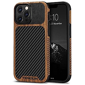 TENDLIN Compatible with iPhone 13 Pro Max Case Wood Grain with Carbon Fiber Texture Design Leather Hybrid Case Compatible for iPhone 13 Pro Max 6.7-inch Released in 2021 Black