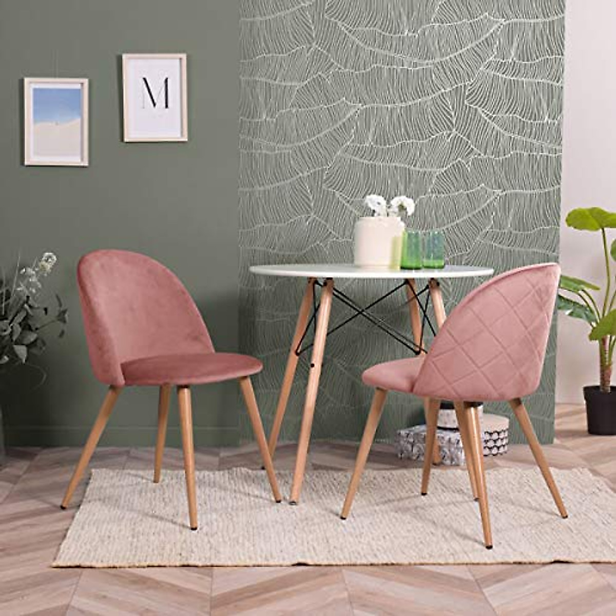 FurnitureR Dining Chairs Set of 2, Kitchen Dining Room Chairs with Soft Velvet Seat/Metal Legs, Modern Mid Century Living Room Side Chairs/Accent/Leisure/Makeup/Vanity Chairs, Pink, 2PCS