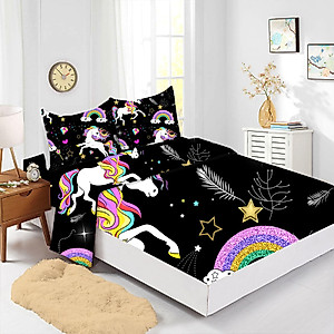 VTKON Black Unicorn Sheets Set Rainbow Unicorn Sheets Set Twin Unicorn Room Decor for Girls Twin Unicorn Bedding Set Includes 1 Flat Sheet + 1 Fitted Sheet + 1 Pillowcase