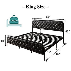iPormis King Size Metal Bed Frame with Faux Leather Button Tufted Headboard and Footboard, Heavy Duty Platform Bed with 17 Steel Slats,12" Under-Bed Space, No Box Spring Needed, Noise-Free, Black
