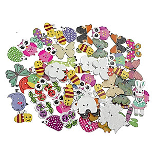 Kinteshun Wooden Buttons Natural Wood 2-Holed Fastener Buttons for Sewing Knitting Handcraft(100pcs,Assorted Cartoon Animals Printing Patterns)