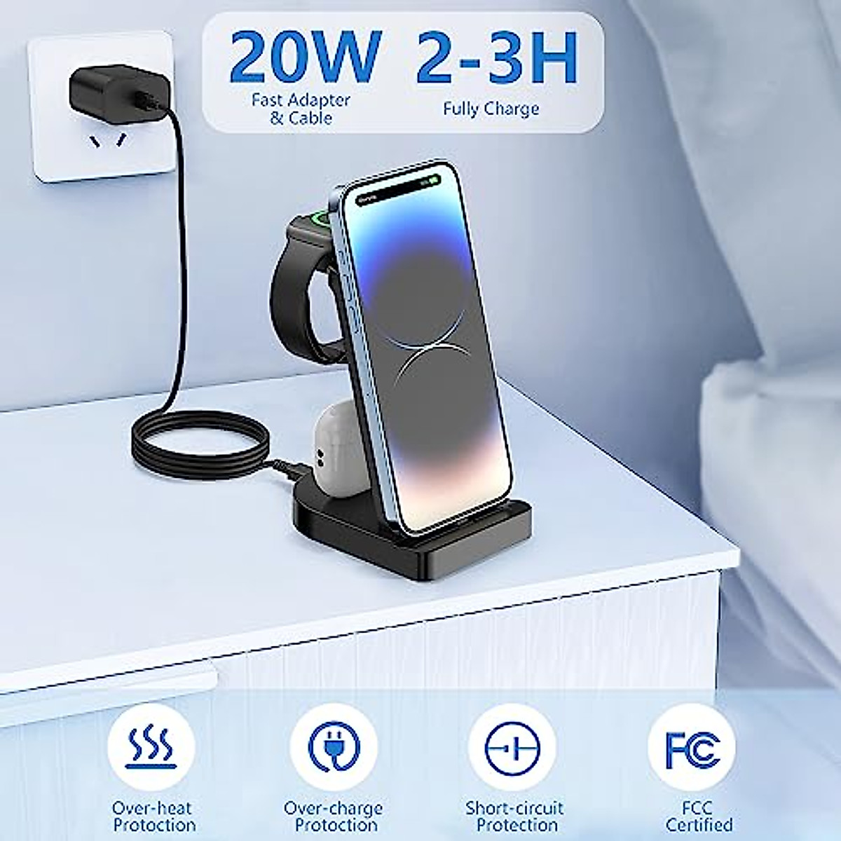 Charging Station for Multiple Devices,Cabepow 3 in 1 Fast Charging Station Dock for iPhone Series 14 Pro Max/13/12/11/X/8 Plus,for Airpods, Wireless Charger for Apple Watch 8/Ultra/7/6/SE/5/4/3