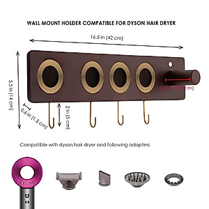 Eitida Wood Wall Holder for Dyson Hair Dryer, Adapters and Attachments, Magnetic Mounting Organizer Storage Rack, Vertical or Horizontal Hanging, 4 Removable Brass Hooks Included