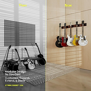 String Swing Guitar Wall Rack, Multiple Guitar Wall Mount, Guitar Organizer for Acoustic & Electric Guitars, 5 Padded Arm Hangers & Black Walnut Slatwall Rail, Wall Mount Guitar Rack - MADE IN USA