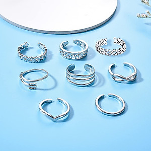 KOHOTA 12PCS 18K Gold Plated Adjustable Toe Rings for women Summer Beach Open Toe Rings Set Flower Arrow Tail Pinky Band Rings Barefoot Foot Jewelry (Silver color-8pcs)