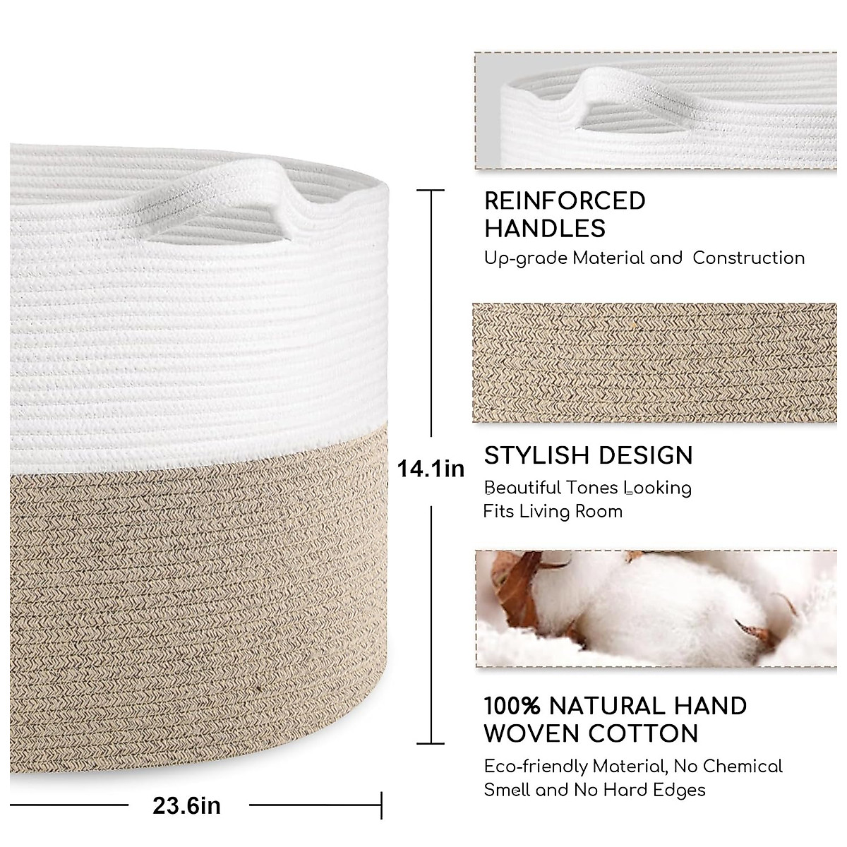 MXMHOME XXXLarge Woven Rope Basket With Handles, 23.6”x23.6”x14.1” Basket for Blankets for Living Room, Large Baby Toy Storage Basket, Wicker Woven Big Round Laundry Basket Hamper