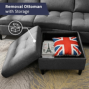 ijuicy 77" Sectional Sofa Couch with Storage Ottoman, 3 Seat L Shaped Sectional Couch, Modern Linen Rivet Tufted Small Couches for Living Room, Apartment & Small Space (Dark Grey)