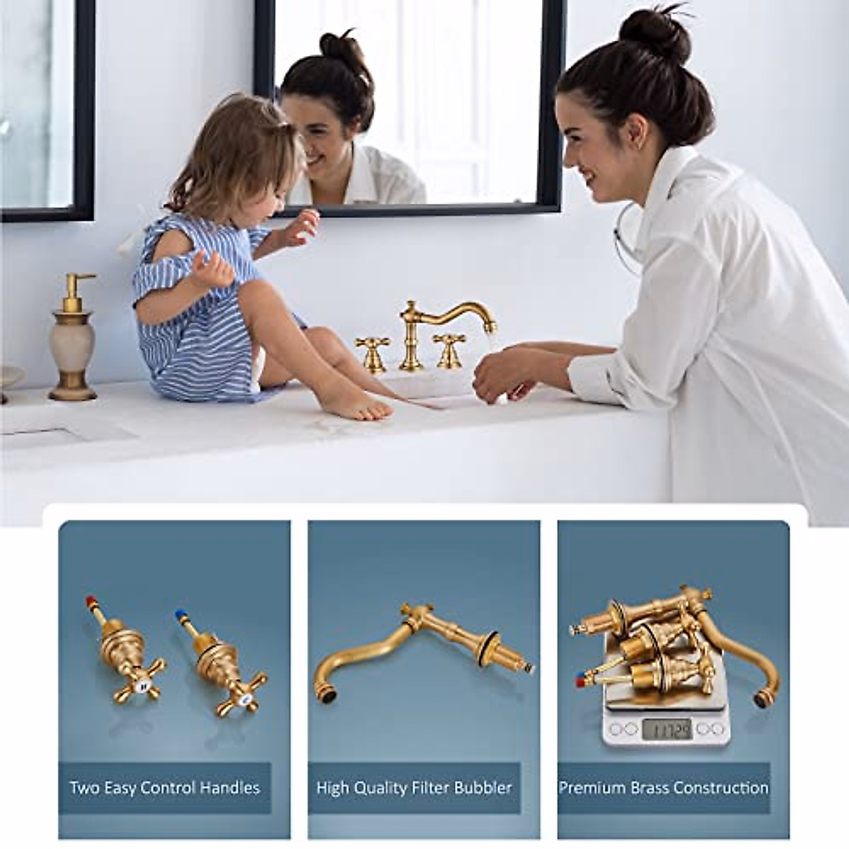 Aolemi Bathroom Sink Faucet Antique Brass Widespread Double Cross Handle Knobs 3 Hole Lavatory Mixer Tap Deck Mount Without Pop Up Drain