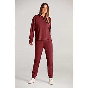 PRETTYGARDEN Women's 2 Piece Waffle Knit Lounge Outfit Long Sleeve Henley Top and Sweatpants Set Tracksuit (Wine Red,Medium)