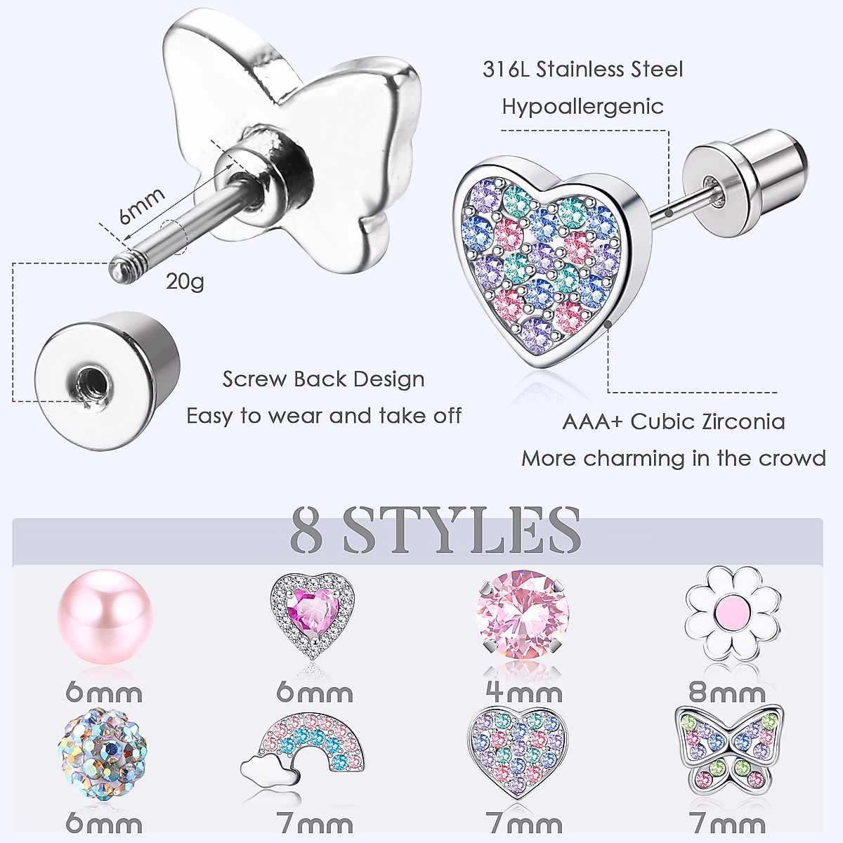LOLIAS Hypoallergenic Screw back Earrings for Women 316L Surgical Steel CZ ScrewBack Earring 8 Pairs Colorful Heart Butterfly Flower Sensitive Tiny Stud Earrings Set