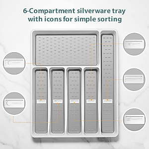 Joequality Silverware Organizer with Icons，Plastic Cutlery silverware Tray for Drawer，Utensil Tableware Flatware Organizer for Kitchen with Non-slip TPR,Fits Oversized Drawer,6-Compartment，Grey
