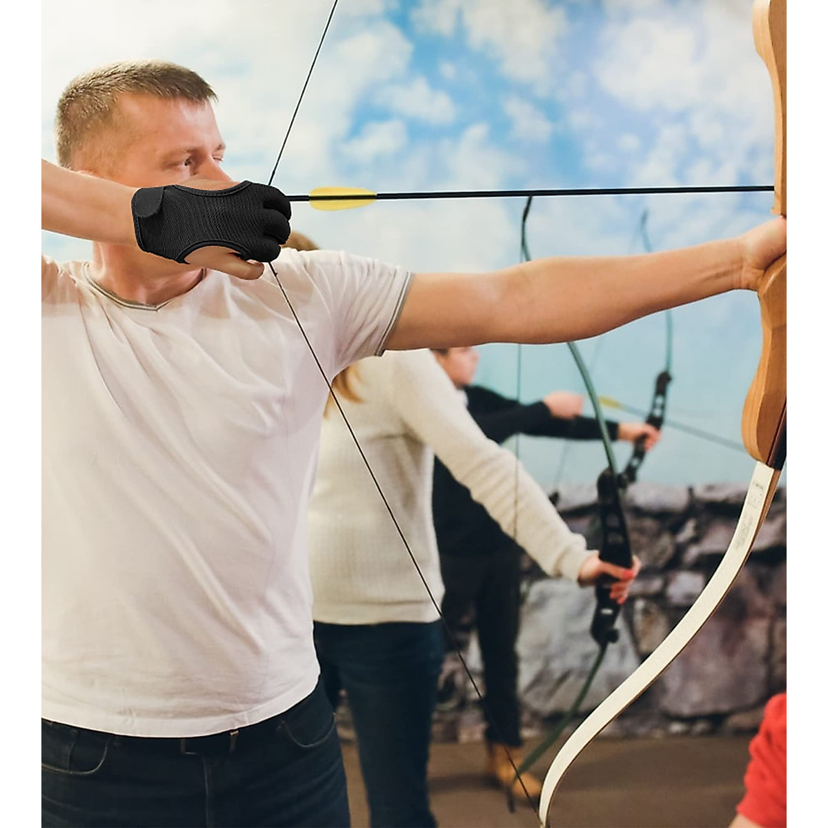 ChinFun Archery Gloves Leather Practice Shooting Hunting Three Finger Archery Protective Gear Accessories for Youth Adult Beginner Black S