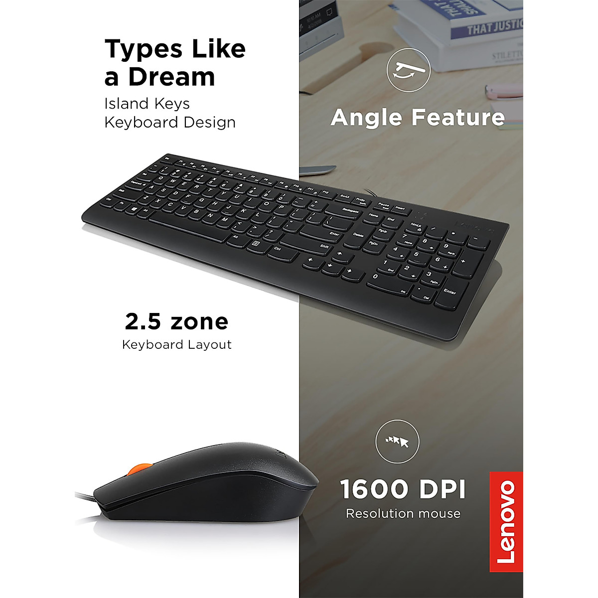 Lenovo 300 USB Combo, Full-Size Wired Keyboard & Mouse, Ergonomic, Left or Right Hand Mouse, Optical Mouse, GX30M39606, Black